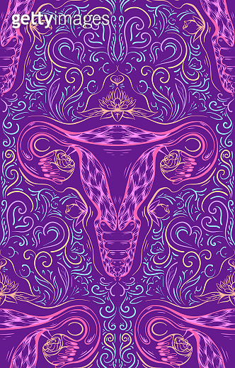 Seamless neon pattern with contour sketch of the uterus with flower and ...