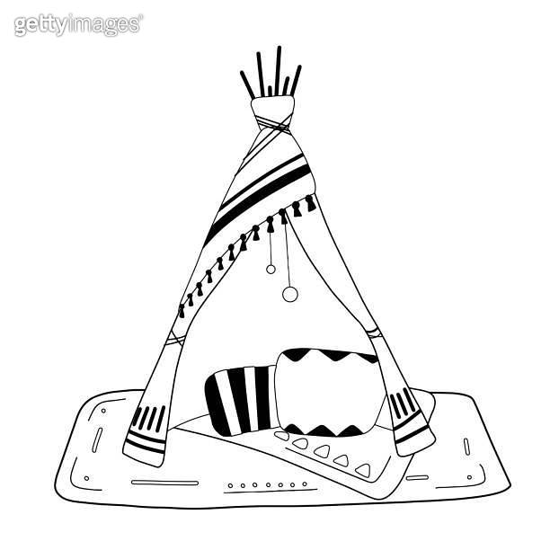 Outline illustration of blanket house with pillows, a garland and boho ...