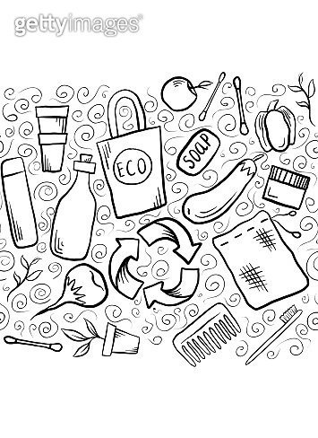 Zero waste. Seamless border with eco objects, vegetables, foliage and a ...