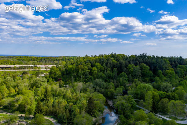 Aerial view of Rouge National Urban Park and Rouge River, Toronto ...