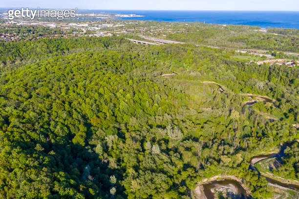 Aerial view of Rouge National Urban Park and Rouge River, Toronto ...