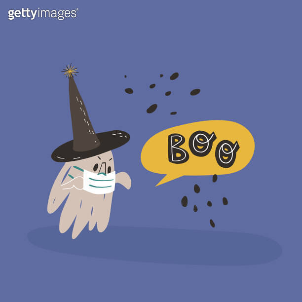 Funny ghost in witch pointed hat and face medical mask with hands up ...