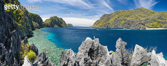 El Nido, Palawan, Philippines. Panorama of tapiutan strait with tourist ...