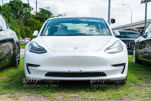 White Tesla Model 3 front view parked on the grass 이미지 (1272629304 ...