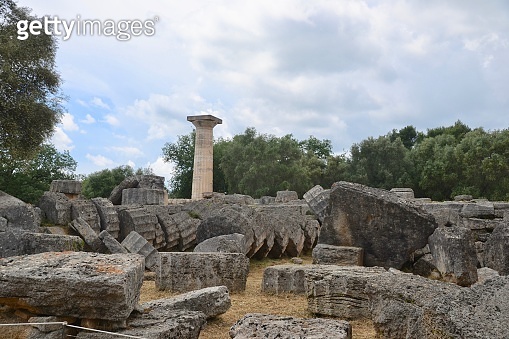 Olympia Greece and the toppled columns of the temple of Zeus ...