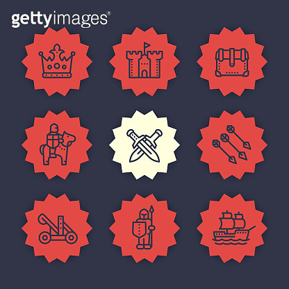 medieval war line icons set, knight, spearman, horseman, arrows, crown ...