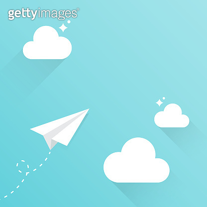 Paper plane flying in the sky with clouds. Vector illustration, flat ...