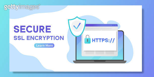 Secure SSL encription banner. Laptop with opened web browser and safety ...