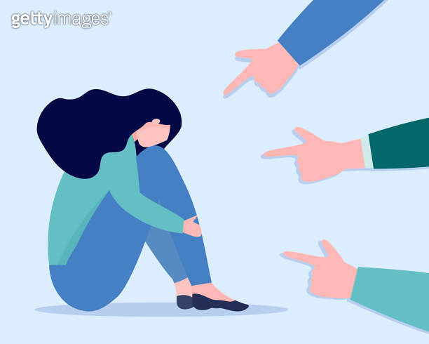 Sad woman with depression surrounded with pointed fingers. Concept of ...