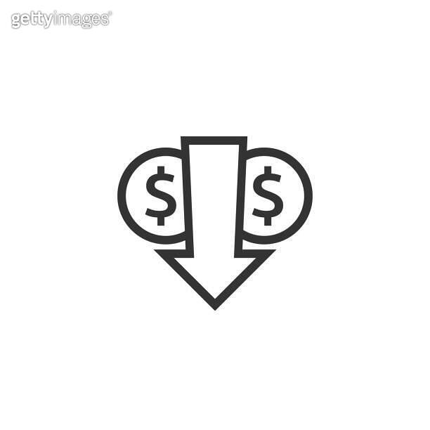 lower cost icon. dollar money decrease symbol with arrow stretching rising drop fall down ...