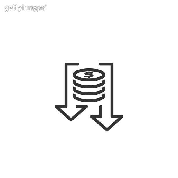 lower cost icon. dollar money decrease symbol with arrow stretching rising drop fall down ...