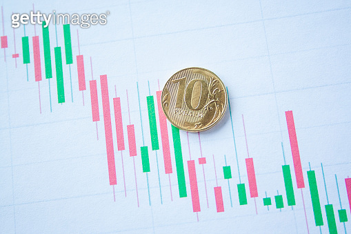 ten rouble coin on currency graph. exchange rate chart. ruble ...