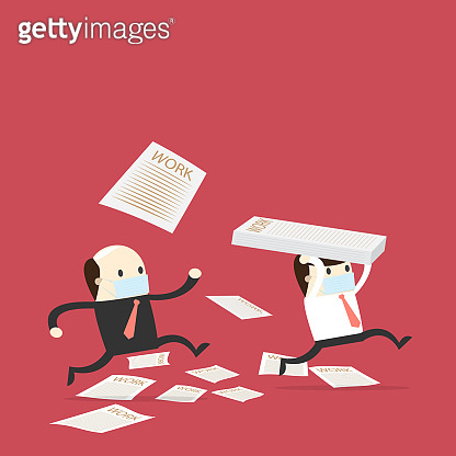 businessman with mask run away from work overload problem (1221093091 ...