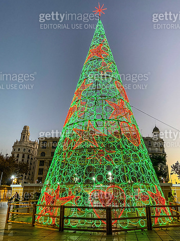 Christmas tree made with green and red lights in Valencia, Spain ...