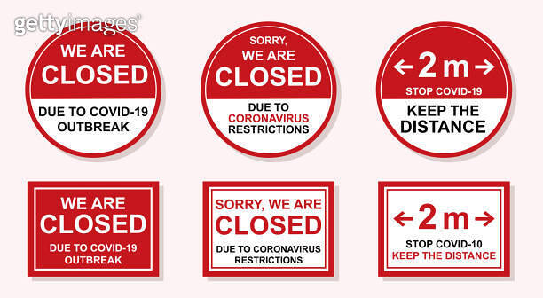 Stickers with sample text and copy space in red. Closed sign for store ...