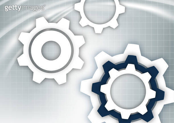 Bright abstract gears on a gray background with a technical grid, light ...