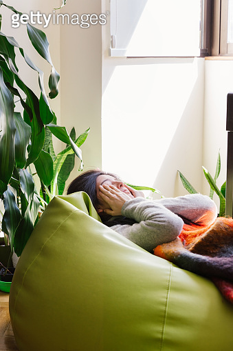 Portrait of woman with negative attitude resting at home. Stay home ...