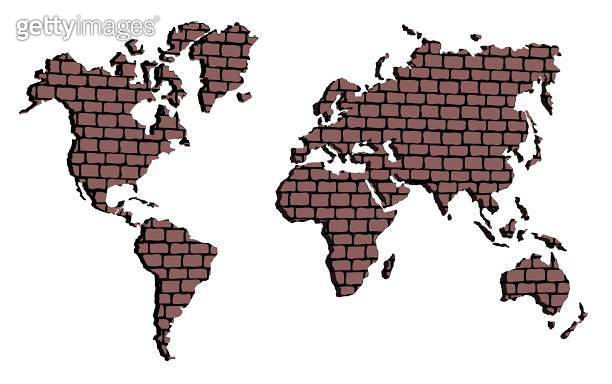 Map of the world of bricks on a white wall. (1223027369) - 게티이미지뱅크