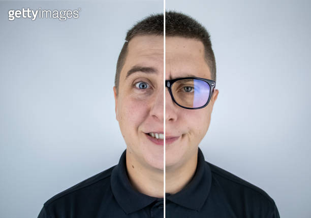 A man with glasses before and after. On one half, the face is happy ...