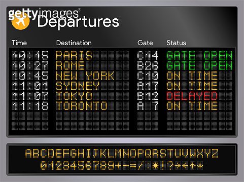 Realistic departures and arrivals board with alphabet. Electronic ...