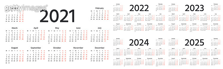 Calendar 2021, 2022, 2023, 2024, 2025 years. Vector illustration. Desk ...