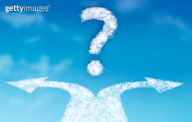 Bifurcation crossroads with question mark made of clouds. Uncertainty ...