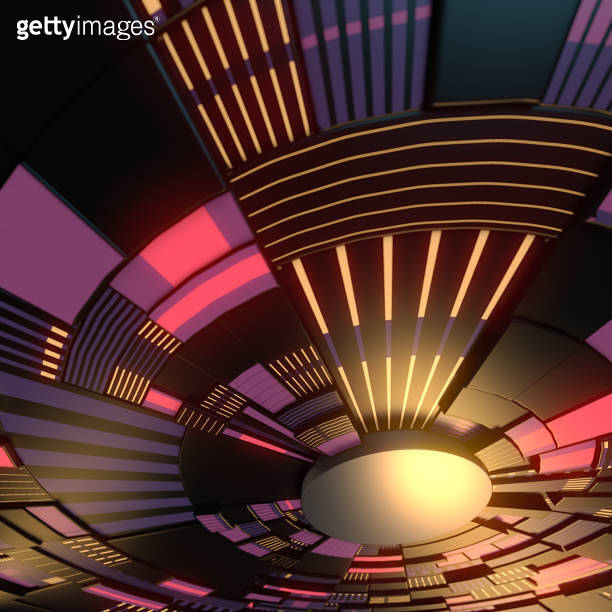 3d rendering glow pattern on dark hi-tech shapes. Futuristic circuit ...