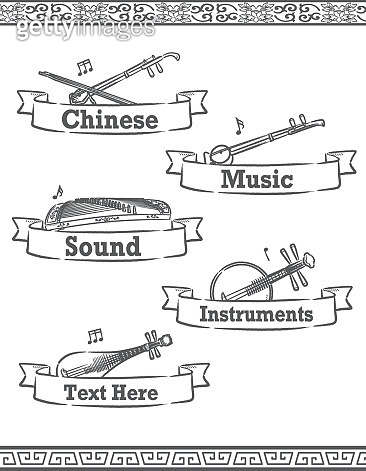 Music themed vector labels with chinese musical instruments ...