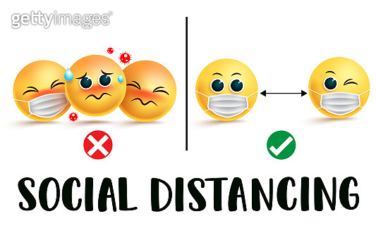 Smiley emojis social distancing vector sign. Social distancing text ...