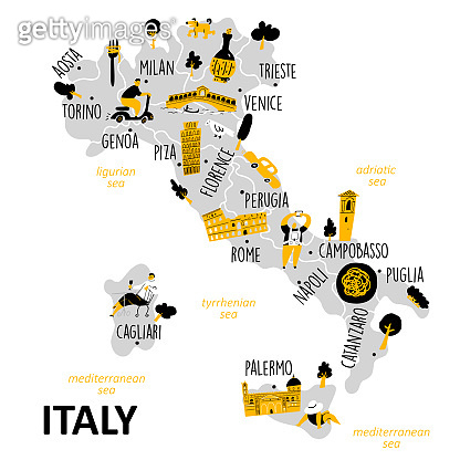 Stylized map of Italy with main attractions, landmarks and cultural ...