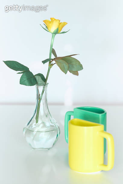 Yellow rose flower, twin half tea mugs in yellow and vibrant mint green ...