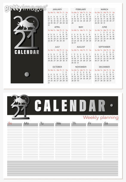 Bull. Calendar, weekly planning. Vector horizontal page calendar ...