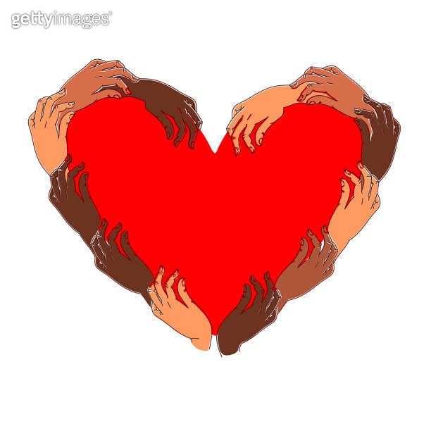 Heart in the arms of many hands with different skin colors. Blackleaves ...