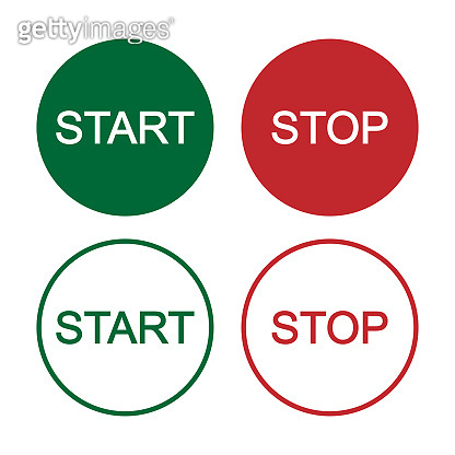 Start and stop vector button. Red and green round shape icon. Turn on ...