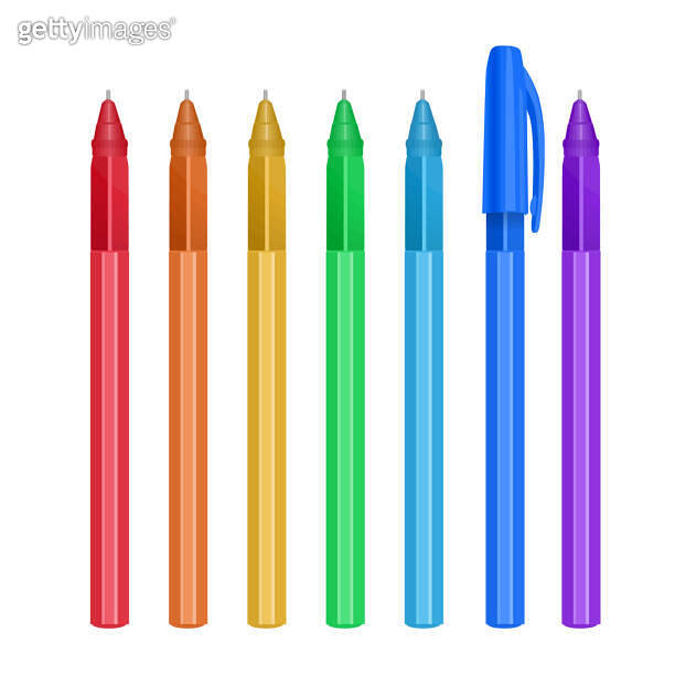 Set os Multi-colored pens isolated on white background. front View from ...