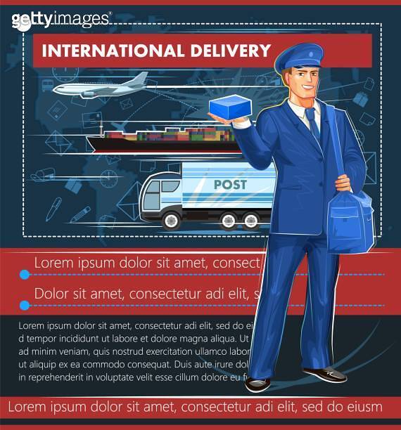 Postal international delivery. Vector illustration. Typical postman ...
