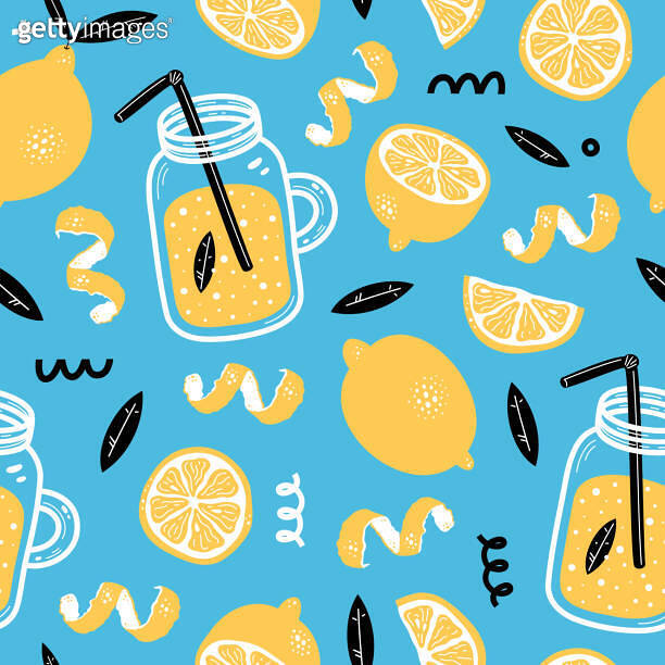 Summer seamless pattern with lemon, lemon slice, jar with lemonade, leaves. Fruit repeated ...