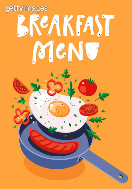 Breakfast menu poster design. Fried egg and sausage on pan. Breakfast ...