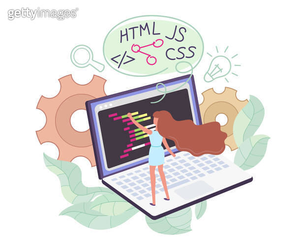 Web development. Website programming and coding. The woman is working on the backend in IDE on a ...