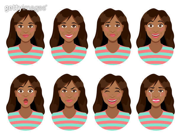 Women's emotions. Female face expression. Calm, smile, sadness, joy ...