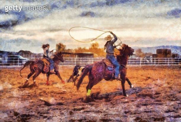 Team roping rodeo digital manipulation technique 이미지 (1282592044) - 게티이미지뱅크