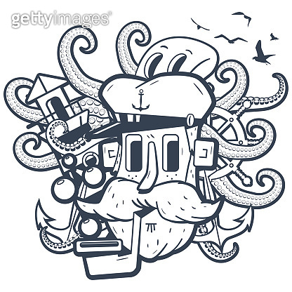 Sailor head with lighthouse, octopus, anchor, ship wheel and seagulls ...