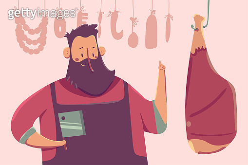 Cute butcher with meat vector cartoon character isolated on background ...
