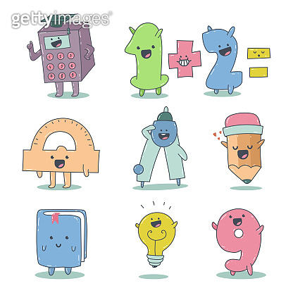 Cute math vector cartoon education characters set isolated on a white ...