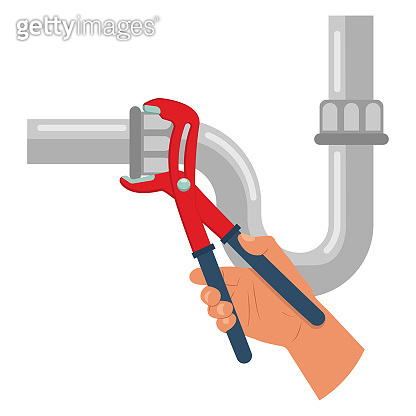 Plumber fix leak of water pipe through with a wrench. Vector flat ...