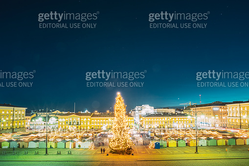 Helsinki, Finland. Christmas Xmas Market With Christmas Tree On Senate ...