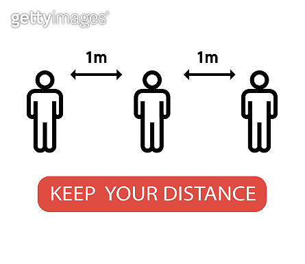 Vector of footprint sign red color with text keep your distance, 1m ...
