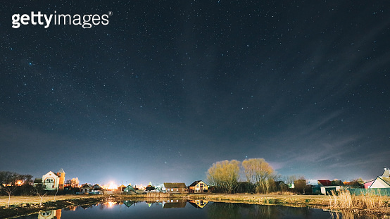 Belarus, Eastern Europe. Night Sky Stars Above Countryside Landscape ...