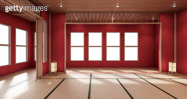 The interior color Red room inteior with tatami mat floor.3D rendering ...