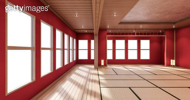 The interior color Red room inteior with tatami mat floor.3D rendering ...